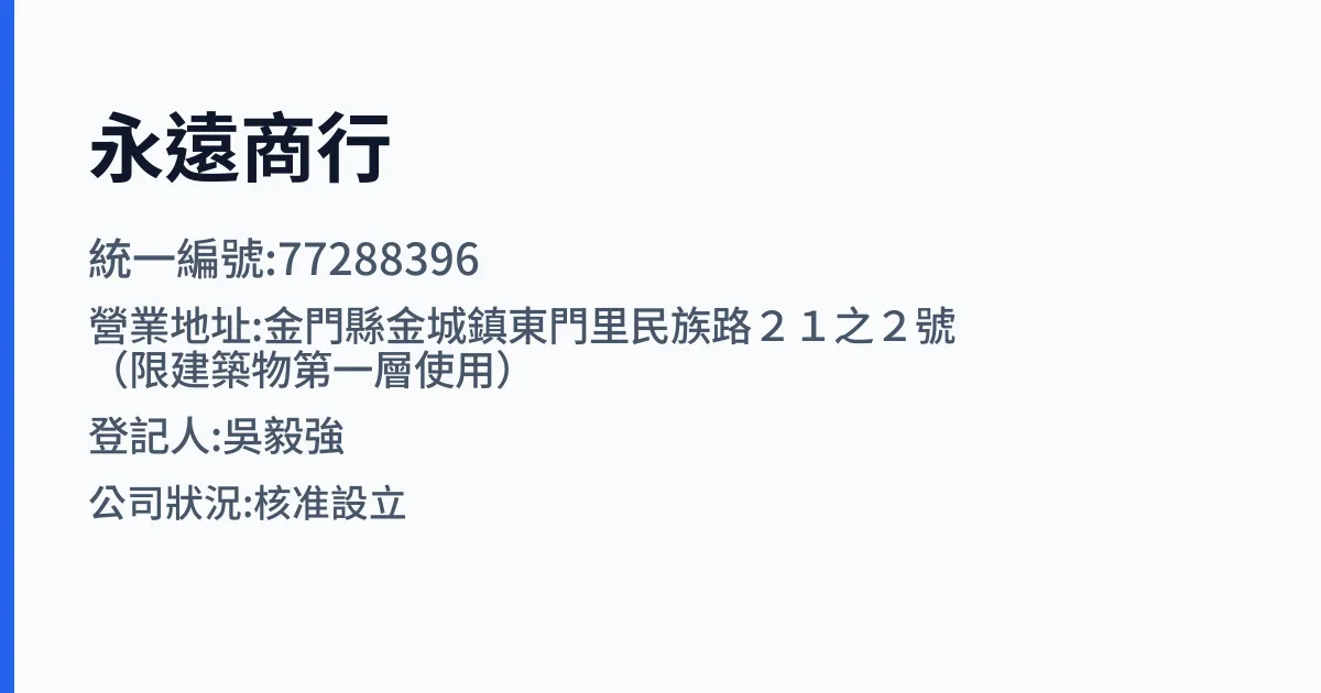 永遠商行 - 統編 77288396(金門縣) 公司登記資料與營業項目詳細圖表