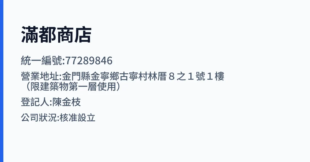 滿都商店 - 統編 77289846(金門縣) 公司登記資料與營業項目詳細圖表