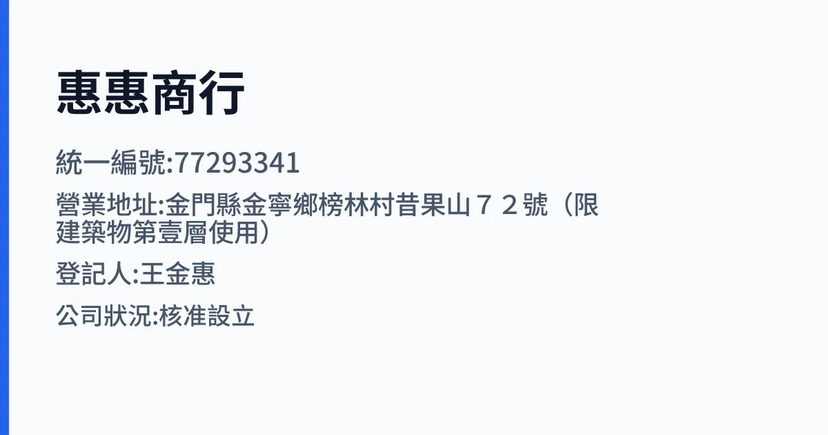 惠惠商行 - 統編 77293341(金門縣) 公司登記資料與營業項目詳細圖表