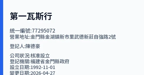 第一瓦斯行的照片-統編 77295072(金門縣) 公司登記資料與營業項目詳細圖表