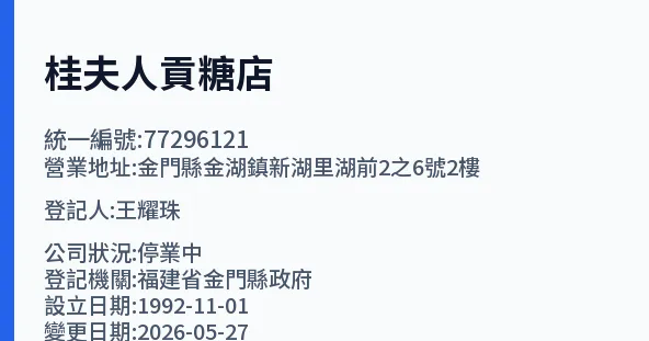 桂夫人貢糖店的照片-統編 77296121(金門縣) 公司登記資料與營業項目詳細圖表