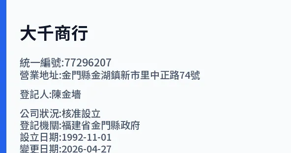 大千商行的照片-統編 77296207(金門縣) 公司登記資料與營業項目詳細圖表