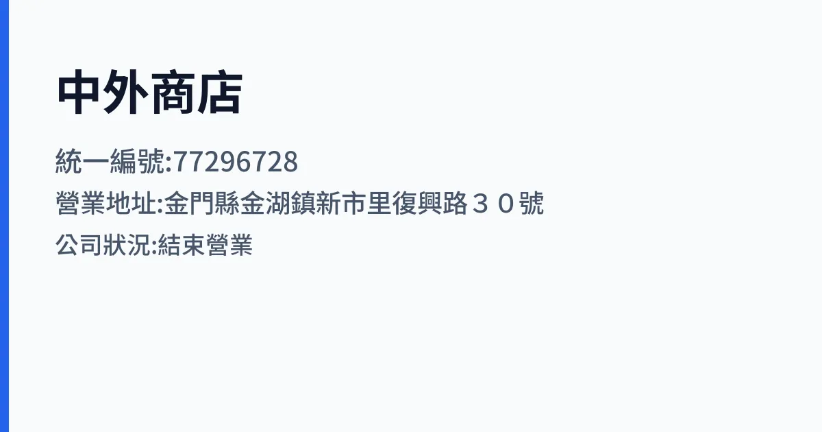 中外商店 - 統編 77296728(金門縣) 公司登記資料與營業項目詳細圖表