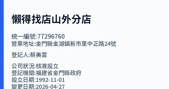 懶得找店山外分店的照片-統編 77296760(金門縣) 公司登記資料與營業項目詳細圖表