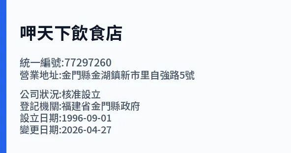 呷天下飲食店的照片-統編 77297260(金門縣) 公司登記資料與營業項目詳細圖表
