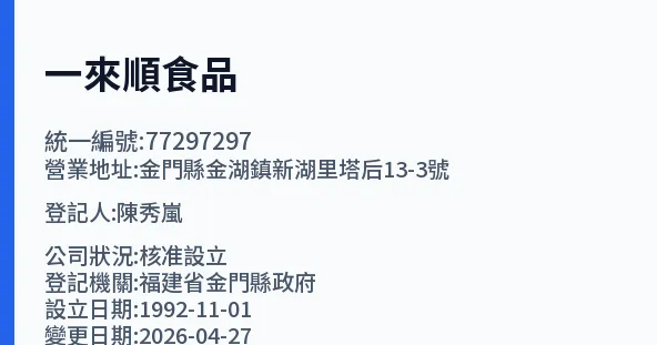 一來順食品的照片-統編 77297297(金門縣) 公司登記資料與營業項目詳細圖表