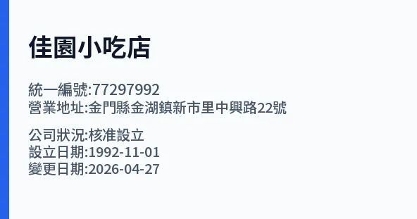 佳園小吃店的照片-統編 77297992(金門縣) 公司登記資料與營業項目詳細圖表
