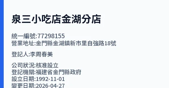 泉三小吃店金湖分店的照片-統編 77298155(金門縣) 公司登記資料與營業項目詳細圖表