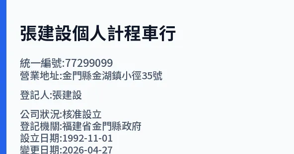 張建設個人計程車行的照片-統編 77299099(金門縣) 公司登記資料與營業項目詳細圖表