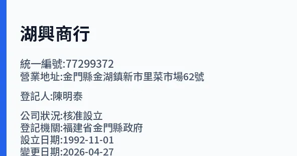 湖興商行的照片-統編 77299372(金門縣) 公司登記資料與營業項目詳細圖表