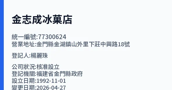 金志成冰菓店的照片-統編 77300624(金門縣) 公司登記資料與營業項目詳細圖表