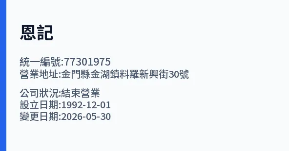恩記的照片-統編 77301975(金門縣) 公司登記資料與營業項目詳細圖表