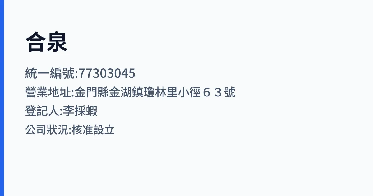 合泉 - 統編 77303045（金門縣） 公司登記資料與營業項目詳細圖表