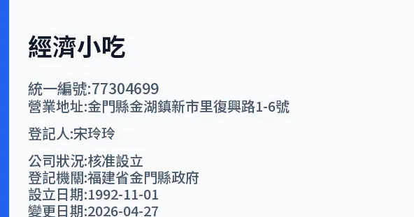 經濟小吃的照片-統編 77304699(金門縣) 公司登記資料與營業項目詳細圖表