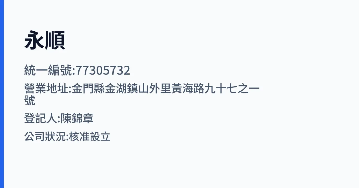永順 - 統編 77305732(金門縣) 公司登記資料與營業項目詳細圖表