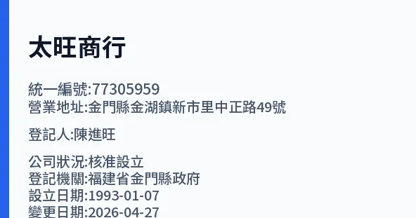 太旺商行的照片-統編 77305959(金門縣) 公司登記資料與營業項目詳細圖表