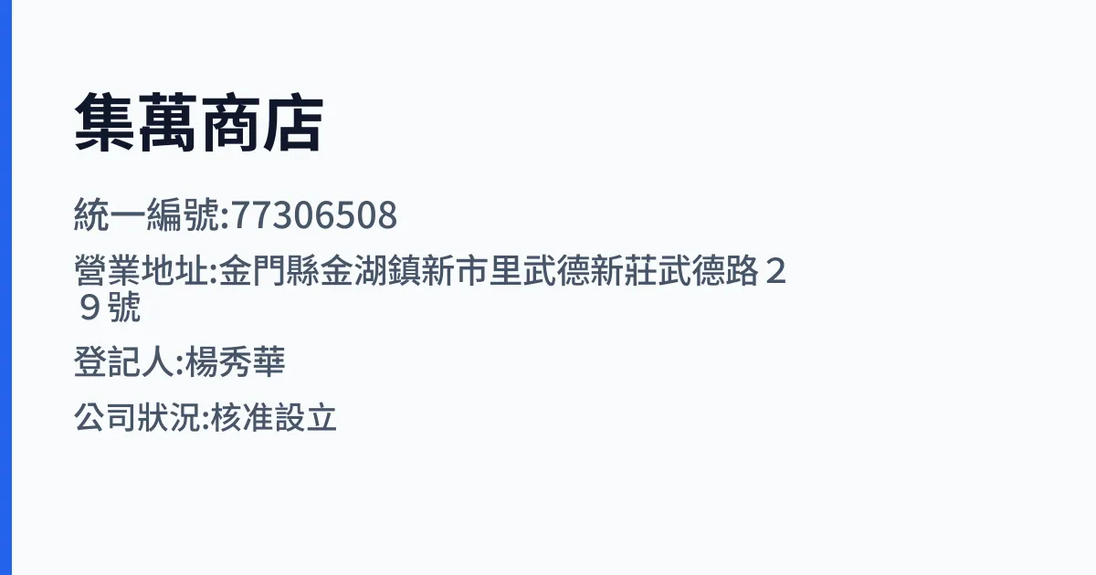 集萬商店 - 統編 77306508(金門縣) 公司登記資料與營業項目詳細圖表