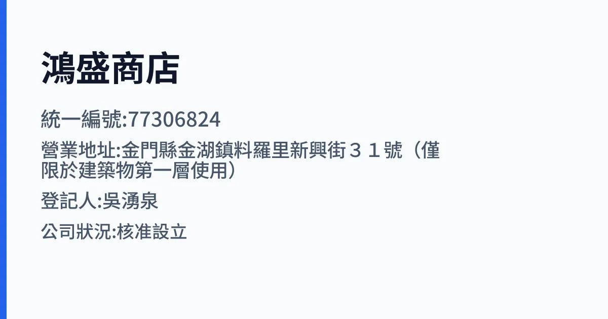 鴻盛商店 - 統編 77306824(金門縣) 公司登記資料與營業項目詳細圖表