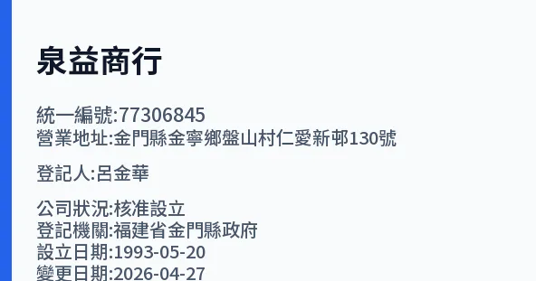 泉益商行的照片-統編 77306845(金門縣) 公司登記資料與營業項目詳細圖表