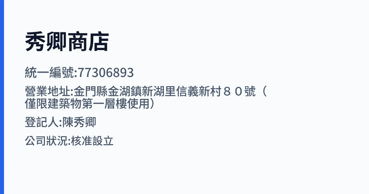 秀卿商店 - 統編 77306893(金門縣) 公司登記資料與營業項目詳細圖表
