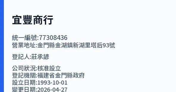 宜豐商行的照片-統編 77308436(金門縣) 公司登記資料與營業項目詳細圖表