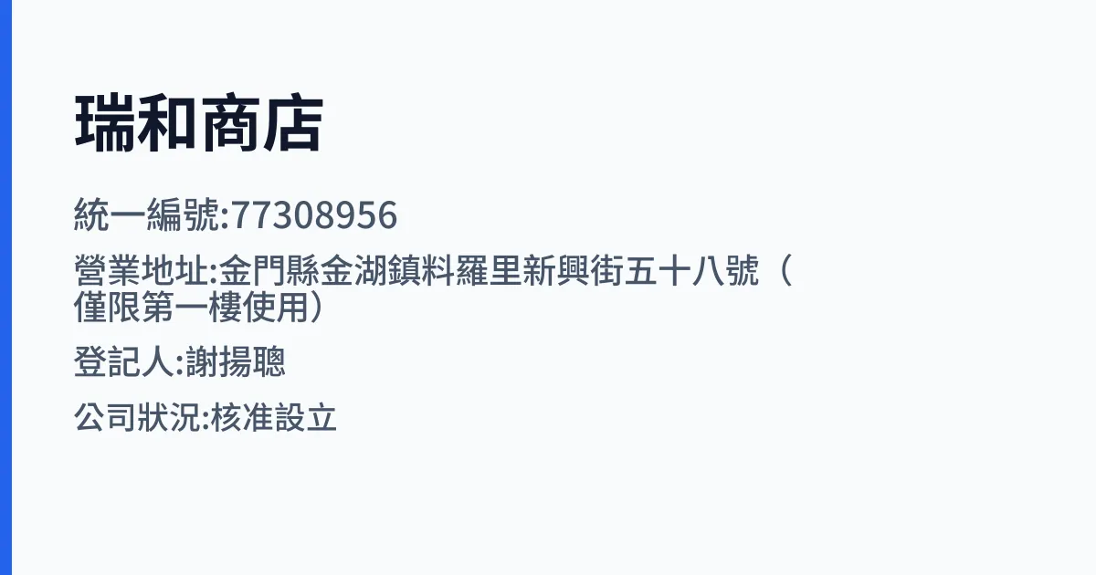 瑞和商店 - 統編 77308956(金門縣) 公司登記資料與營業項目詳細圖表