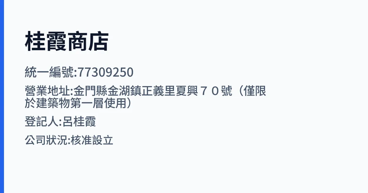 桂霞商店 - 統編 77309250(金門縣) 公司登記資料與營業項目詳細圖表