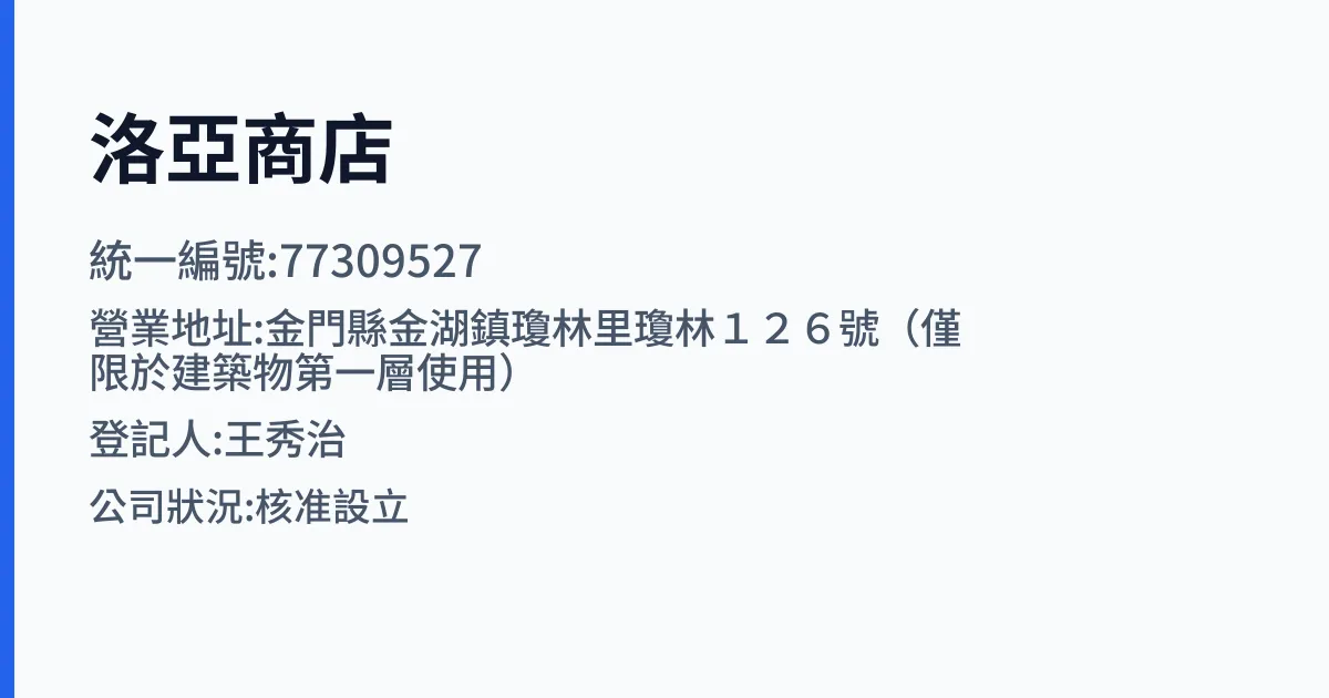 洛亞商店 - 統編 77309527(金門縣) 公司登記資料與營業項目詳細圖表