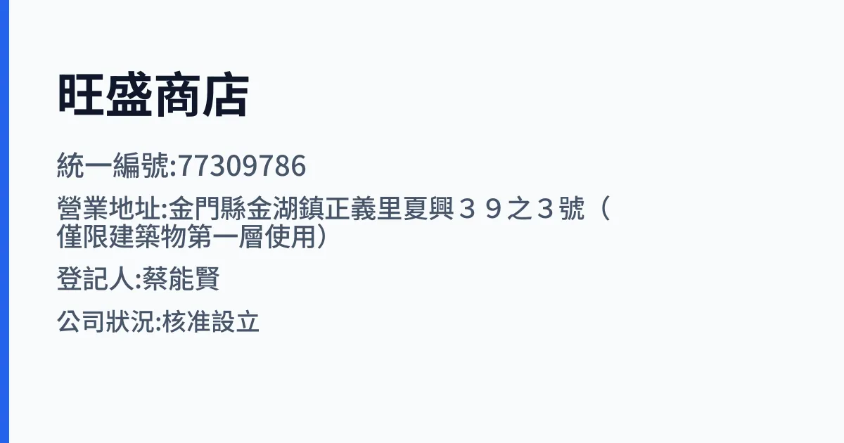 旺盛商店 - 統編 77309786（金門縣） 公司登記資料與營業項目詳細圖表