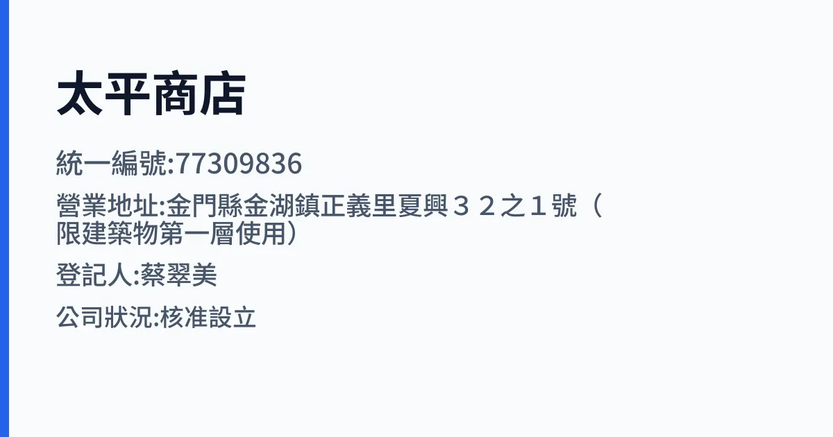 太平商店 - 統編 77309836(金門縣) 公司登記資料與營業項目詳細圖表