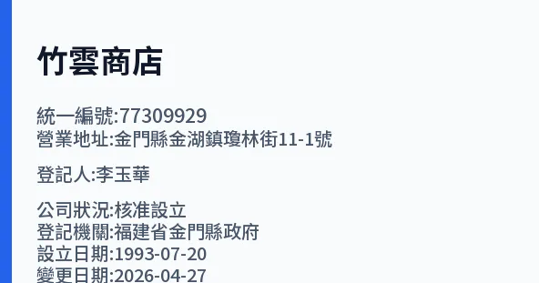 竹雲商店的照片-統編 77309929(金門縣) 公司登記資料與營業項目詳細圖表