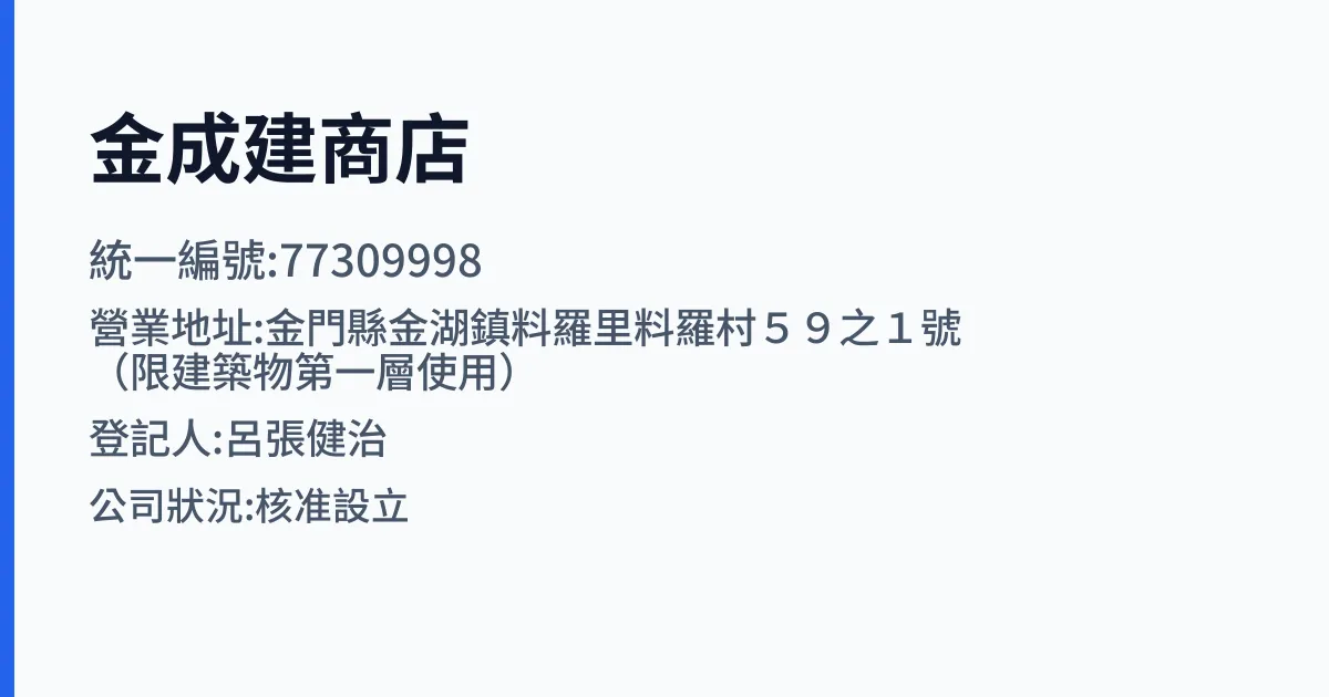 金成建商店 - 統編 77309998(金門縣) 公司登記資料與營業項目詳細圖表