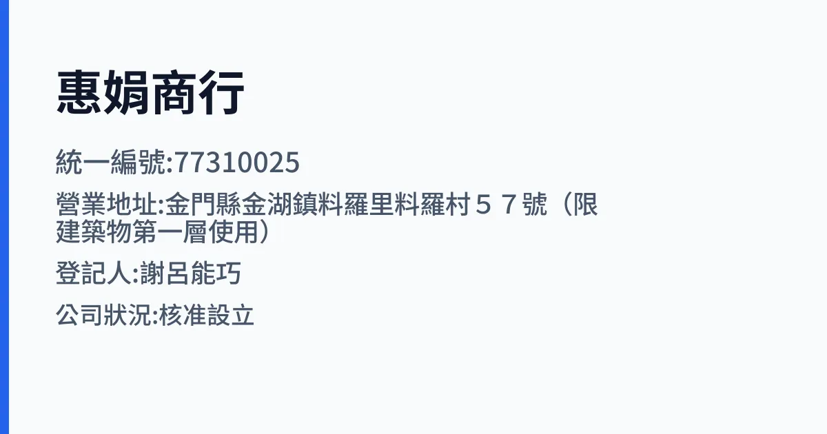 惠娟商行 - 統編 77310025(金門縣) 公司登記資料與營業項目詳細圖表