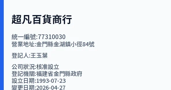 超凡百貨商行的照片-統編 77310030(金門縣) 公司登記資料與營業項目詳細圖表