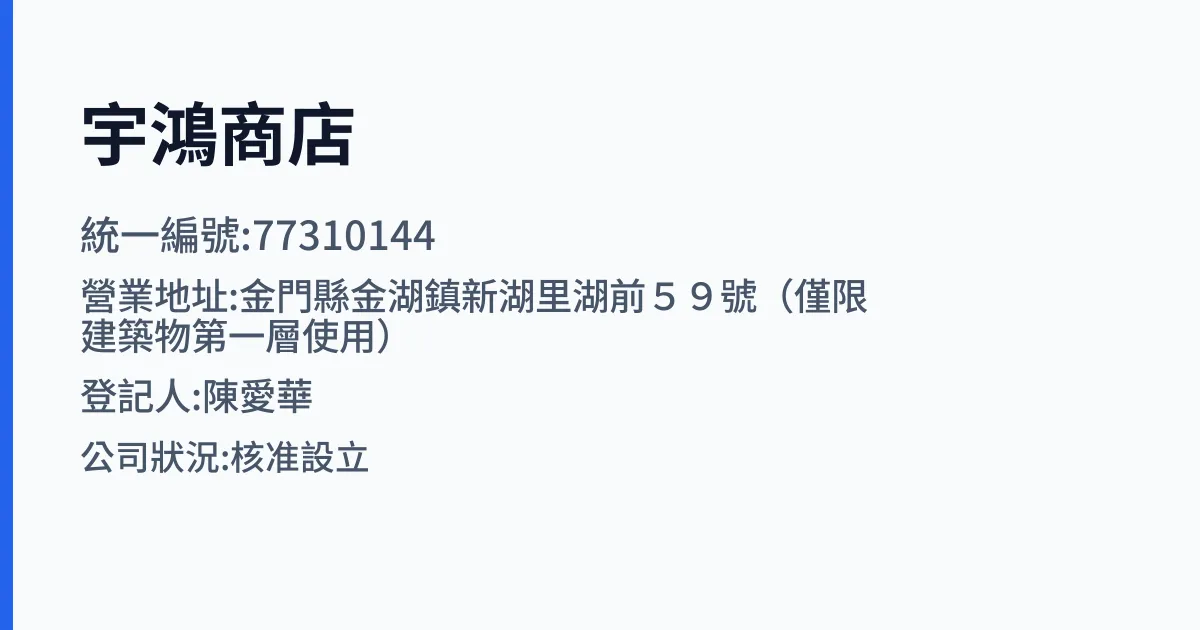 宇鴻商店 - 統編 77310144(金門縣) 公司登記資料與營業項目詳細圖表