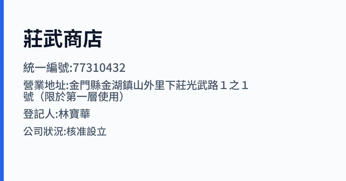 莊武商店 - 統編 77310432(金門縣) 公司登記資料與營業項目詳細圖表