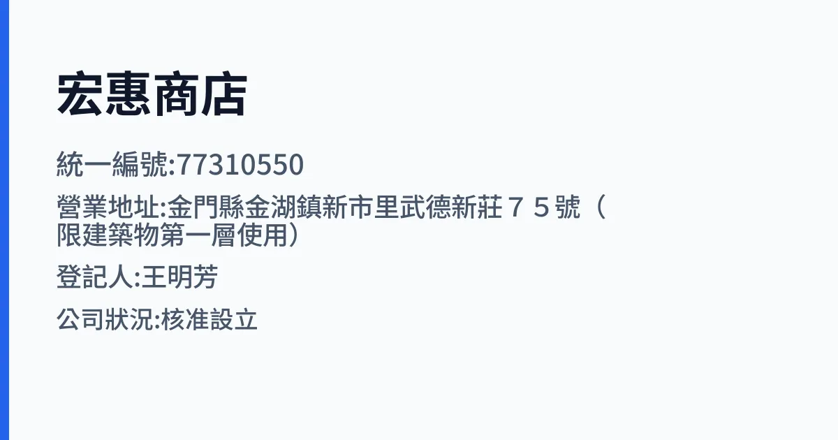 宏惠商店 - 統編 77310550(金門縣) 公司登記資料與營業項目詳細圖表