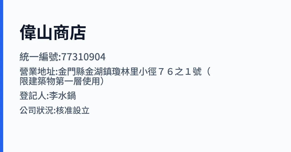 偉山商店 - 統編 77310904(金門縣) 公司登記資料與營業項目詳細圖表