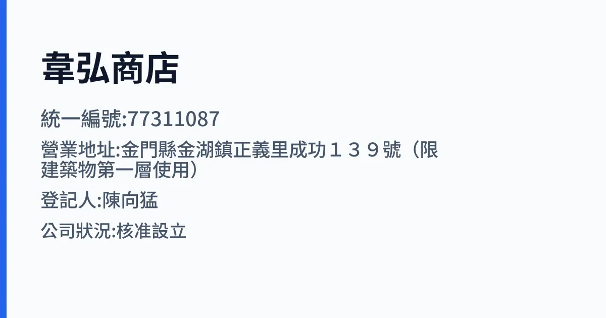 韋弘商店 - 統編 77311087(金門縣) 公司登記資料與營業項目詳細圖表