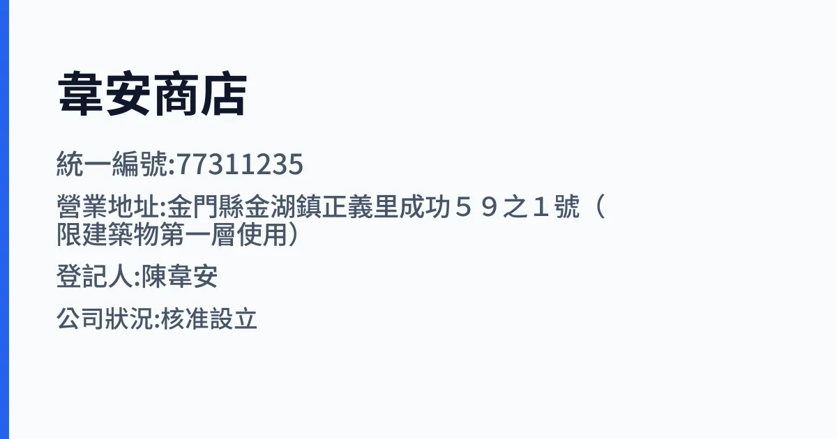 韋安商店 - 統編 77311235(金門縣) 公司登記資料與營業項目詳細圖表