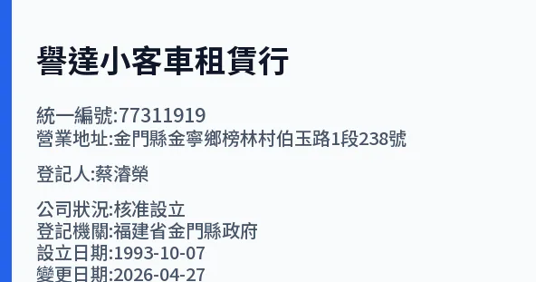 譽達小客車租賃行的照片-統編 77311919(金門縣) 公司登記資料與營業項目詳細圖表