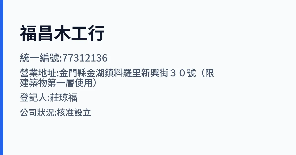 福昌木工行 - 統編 77312136(金門縣) 公司登記資料與營業項目詳細圖表