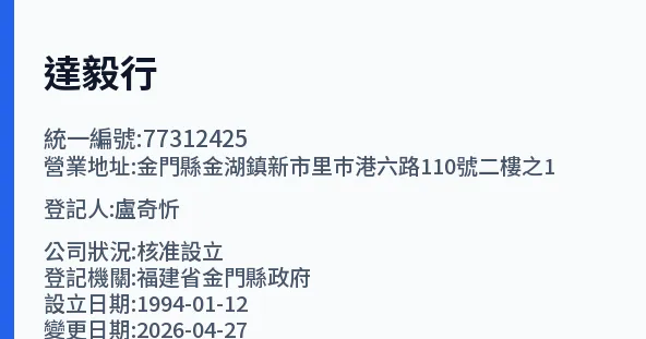 達毅行的照片-統編 77312425(金門縣) 公司登記資料與營業項目詳細圖表
