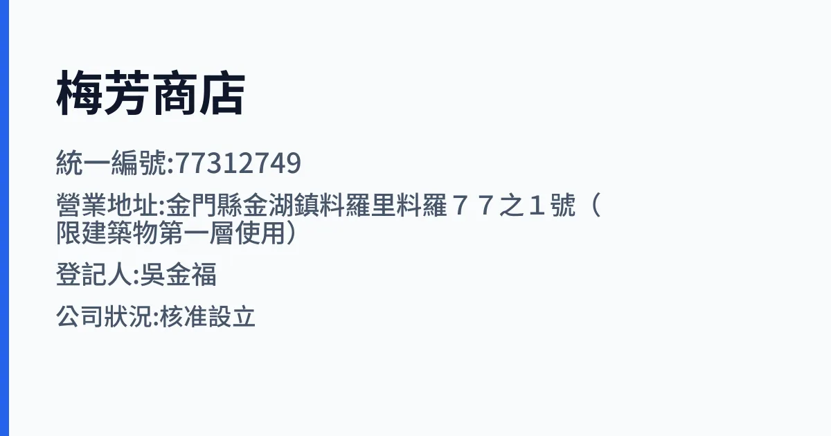 梅芳商店 - 統編 77312749(金門縣) 公司登記資料與營業項目詳細圖表