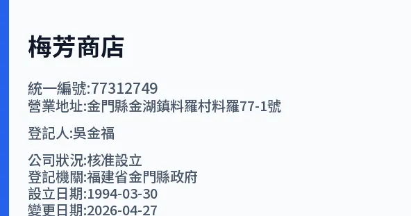 梅芳商店的照片-統編 77312749(金門縣) 公司登記資料與營業項目詳細圖表