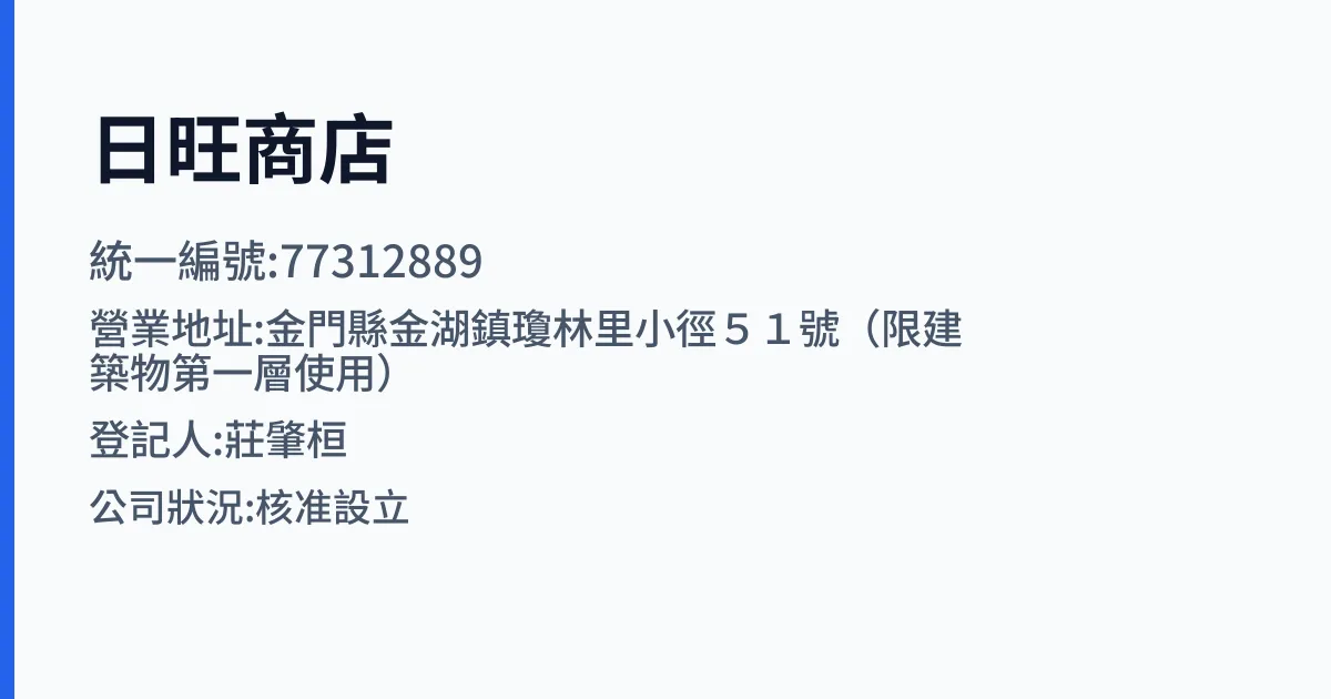 日旺商店 - 統編 77312889(金門縣) 公司登記資料與營業項目詳細圖表