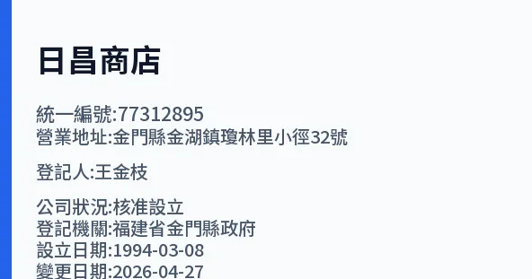 日昌商店的照片-統編 77312895(金門縣) 公司登記資料與營業項目詳細圖表