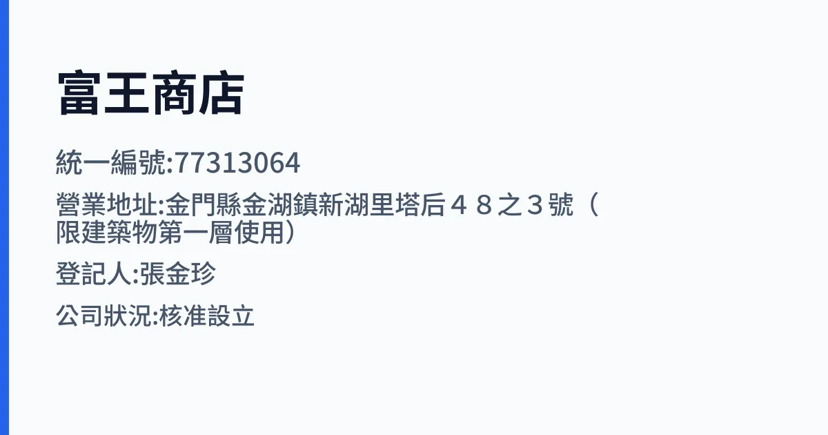 富王商店 - 統編 77313064(金門縣) 公司登記資料與營業項目詳細圖表