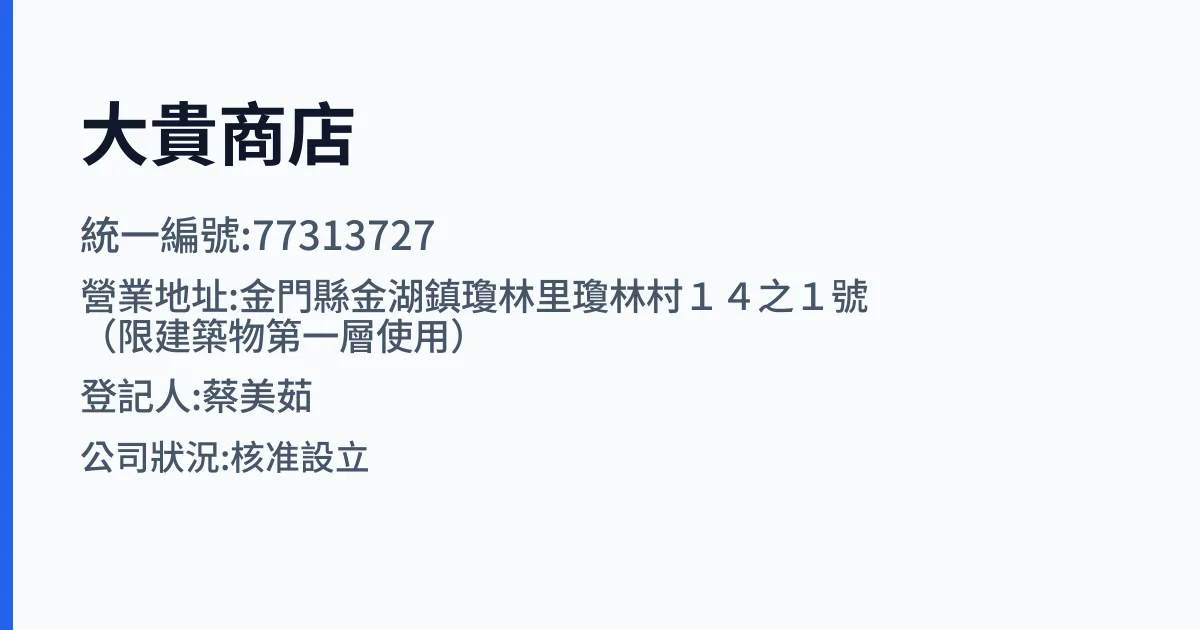 大貴商店 - 統編 77313727(金門縣) 公司登記資料與營業項目詳細圖表