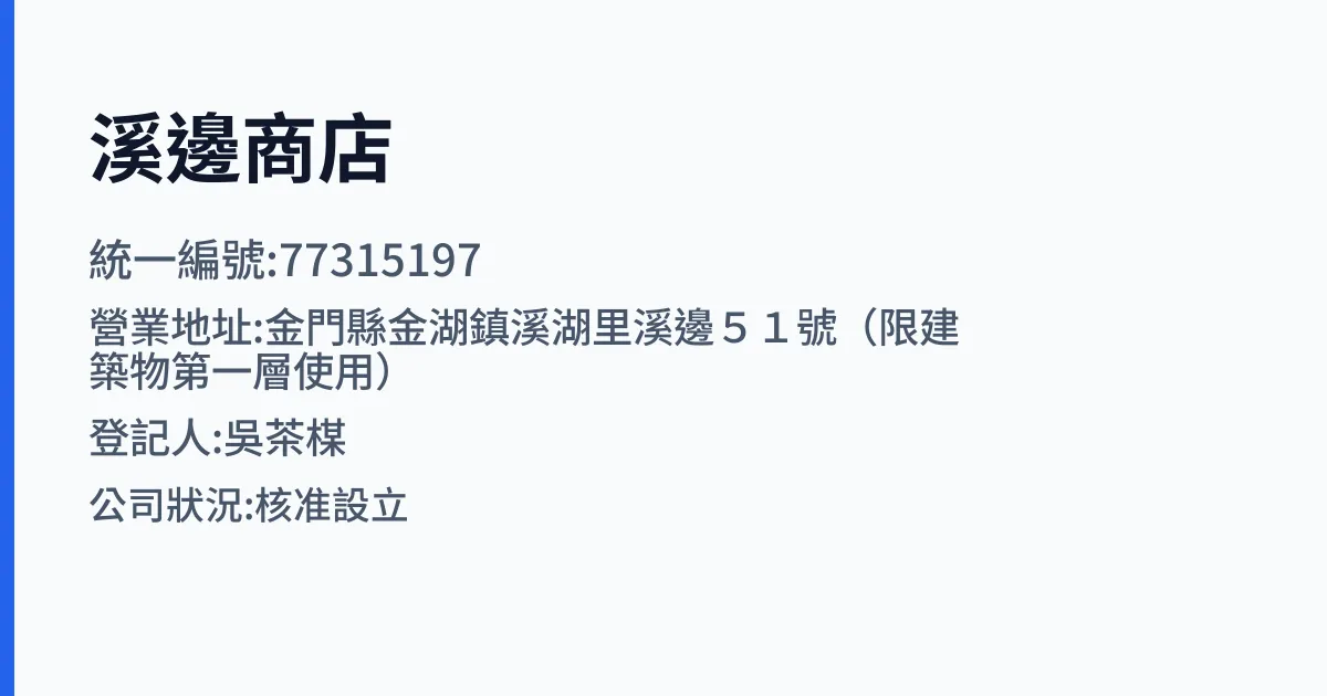 溪邊商店 - 統編 77315197(金門縣) 公司登記資料與營業項目詳細圖表